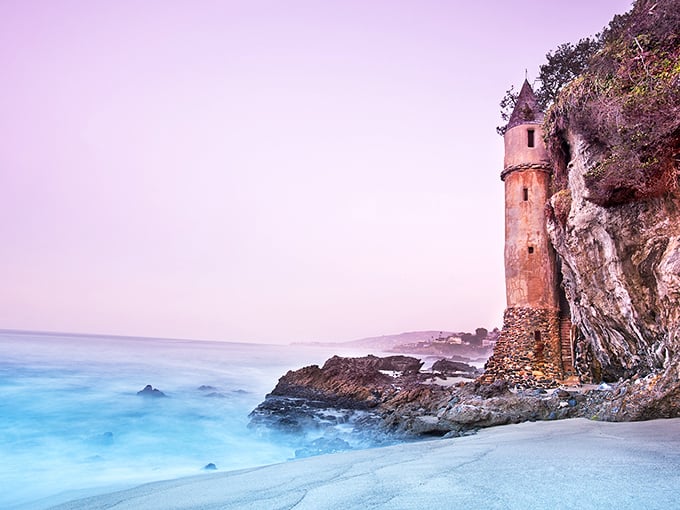 The sunset transforms this medieval-looking tower into something magical, like finding Rapunzel's vacation home on the California coast.