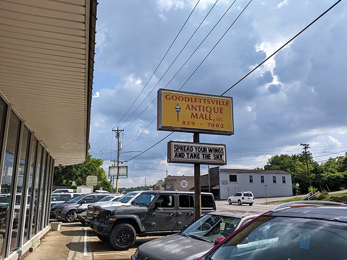 The iconic yellow sign promises treasure hunting at its finest. "Spread Your Wings and Take the Sky" – advice worth following before diving into this vintage wonderland.