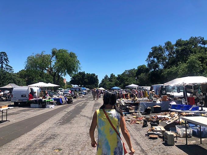 Treasure hunting under California blue skies! The De Anza College Flea Market stretches before you like a bargain-filled yellow brick road.