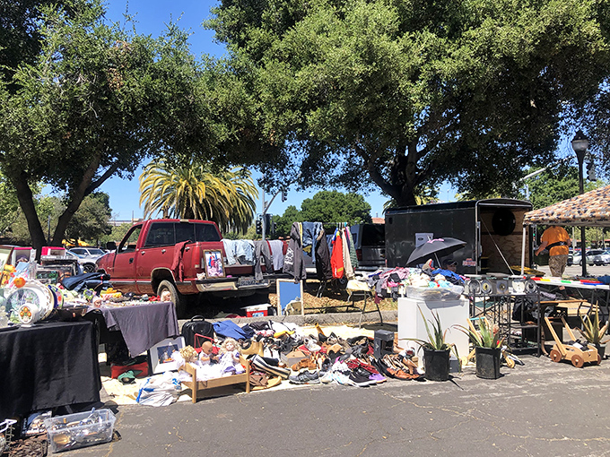 Treasure hunting under California sunshine! The De Anza College Flea Market stretches across parking lots like a modern-day bazaar, where one person's castoffs become another's prized possessions.