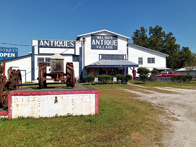 Waldo's Antique Village welcomes visitors with vintage tractors out front, setting the stage for a treasure hunt through North Florida’s antique haven.