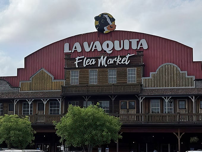 That cheerful cow perched on the roof isn't just decoration—it's your signal that shopping adventures await below.