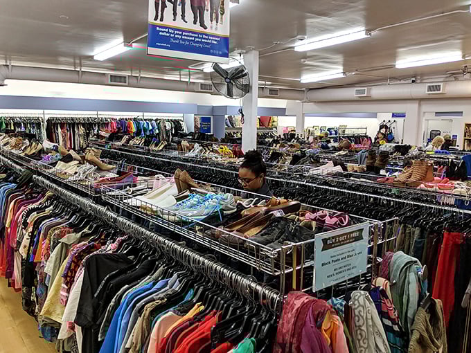 Rows upon colorful rows of potential wardrobe transformations await. This isn't just shopping—it's an archaeological dig through fashion history with better lighting.