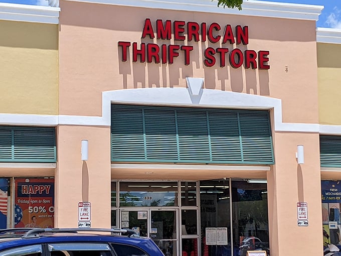 The peach-colored facade with bold red lettering promises treasure hunting adventures within. Florida's bargain paradise awaits behind these doors.