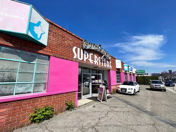 The hot pink facade of Out of the Closet's Superstore isn't just eye-catching—it's a beacon for bargain hunters with both style and conscience.