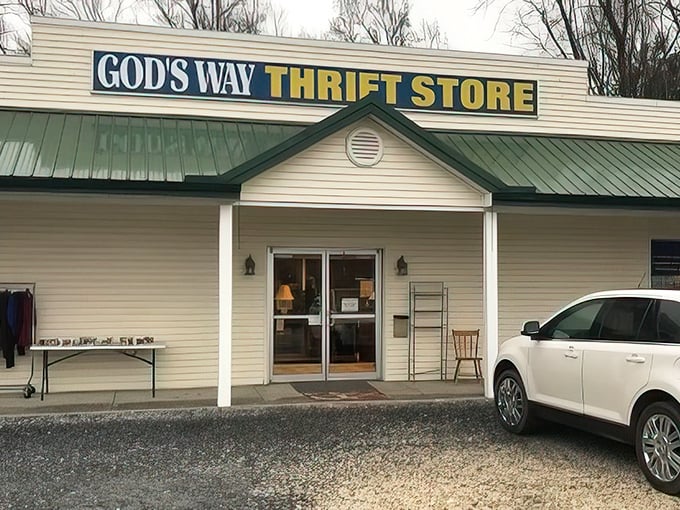 A welcoming storefront where bargain hunters begin their quest, complete with a preview of furniture finds casually displayed outside.