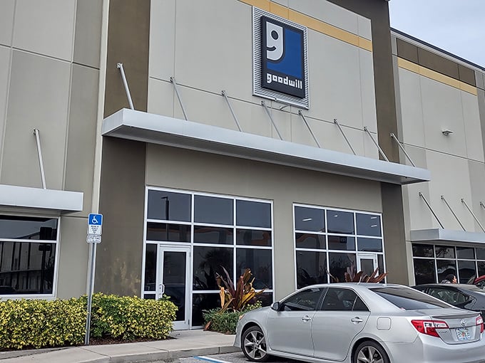 The unassuming exterior of thrift paradise – where wallets rejoice and shoppers discover that one person's castoffs become another's treasures.