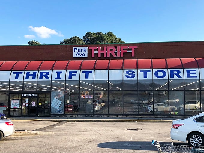 The red awning and bold signage of Park Avenue Thrift beckons like a siren call to bargain hunters across Lawrenceville. Treasure awaits inside!