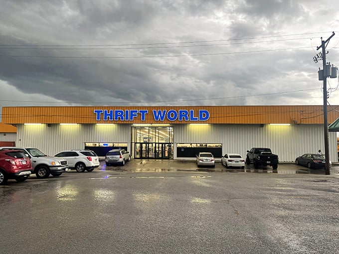 Even on a rainy day, Thrift World's vibrant storefront stands out against gray skies – a colorful promise of indoor treasure hunting.