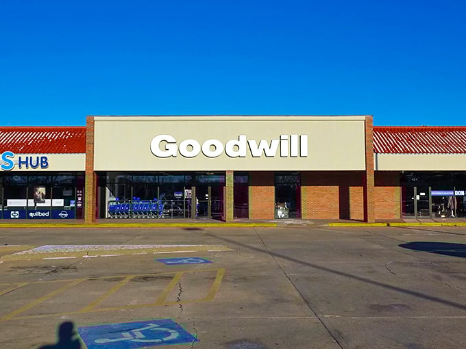 The unassuming facade of Goodwill Manhattan – where treasure hunting begins and wallets breathe sighs of relief.