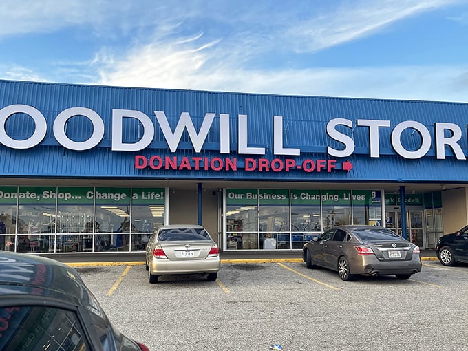 The blue-roofed bargain paradise beckons with its bold signage, promising treasure hunters adventures that won't break the bank.