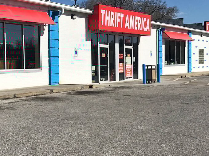 The patriotic red, white, and blue exterior of Thrift America stands like a beacon of bargain-hunting hope on Omaha's landscape.
