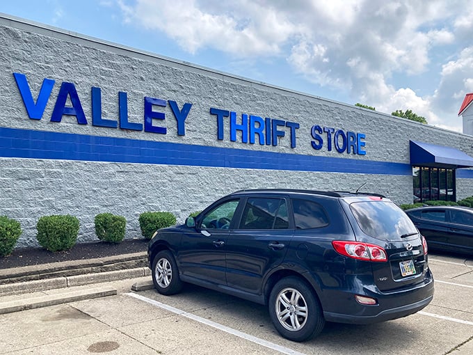 The blue signage of Valley Thrift Store stands out against the white building like a beacon for bargain hunters across Cincinnati.