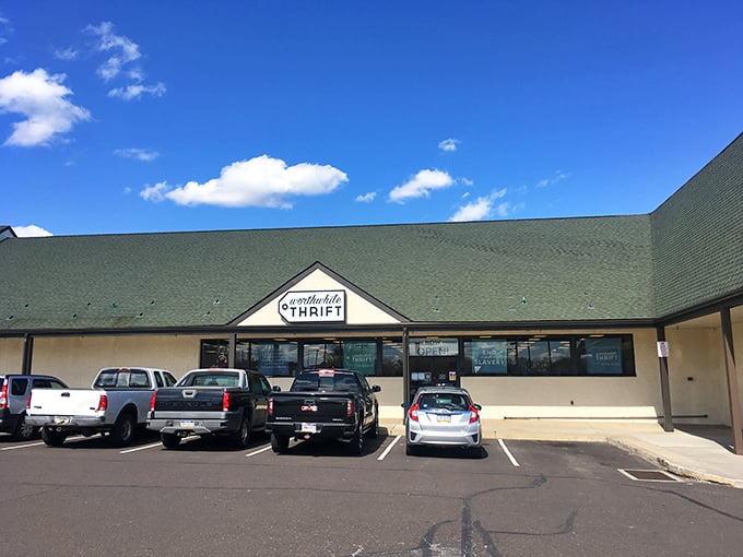 Blue skies and bargain hunters' paradise – this thrift store's modest façade hides a treasure trove that would make Indiana Jones switch careers.
