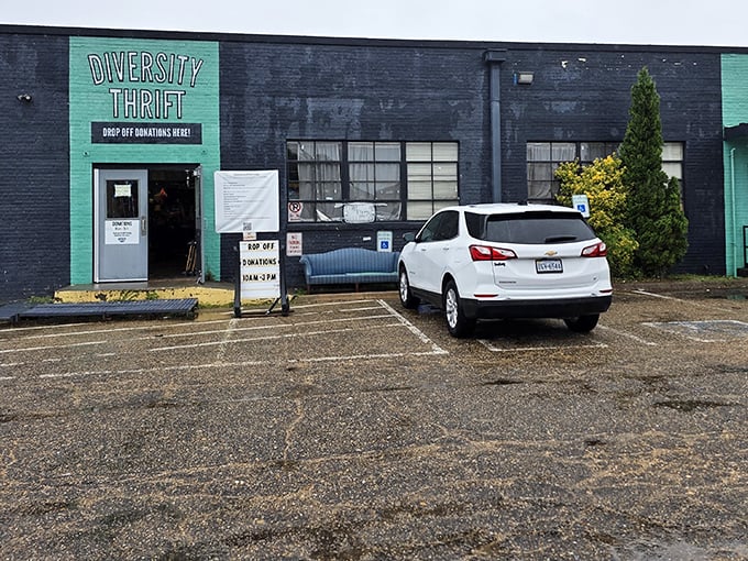The teal sign beckons like a siren call to bargain hunters. Diversity Thrift's unassuming exterior hides a wonderland of treasures within.