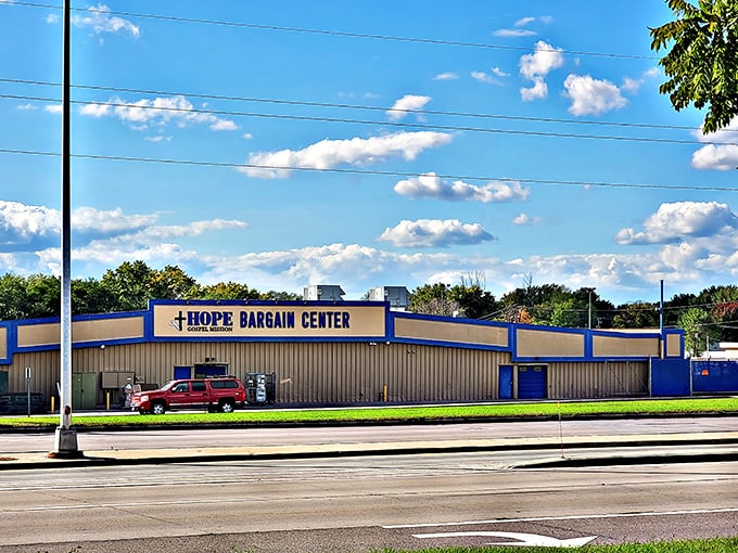 Under brilliant blue Wisconsin skies, the Hope Bargain Center stands like a blue-trimmed beacon for bargain hunters across the Midwest.