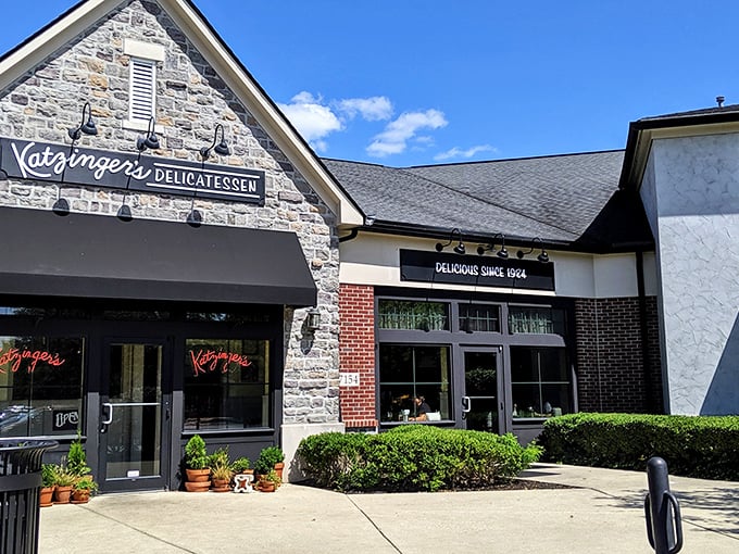 The stone facade of Katzinger's Dublin promises delicatessen delights within—like finding a New York treasure hiding in plain sight in Ohio.