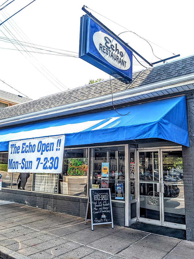 The iconic blue awning of The Echo beckons hungry Cincinnatians like a breakfast lighthouse in Hyde Park.