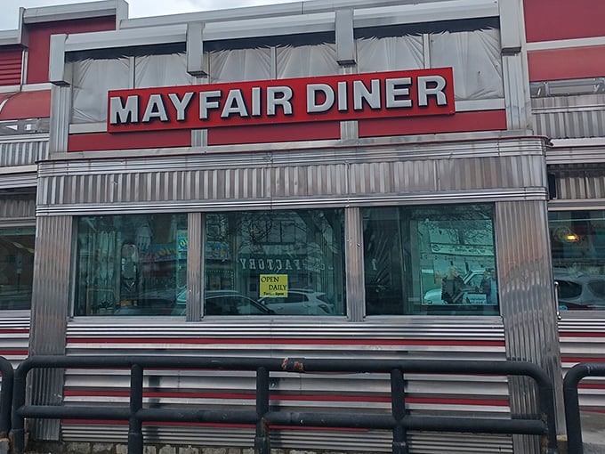That iconic red and chrome exterior isn't just a restaurant sign—it's a beacon of breakfast hope on Frankford Avenue.