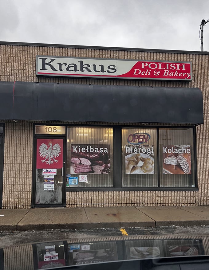 The storefront beckons with promises of authentic Polish delights—Kielbasa, Pierogi, and Kolache—each sign a delicious invitation to step inside and taste tradition.