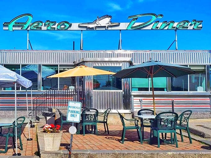 The gleaming silver exterior of Aero Diner shines like a beacon of breakfast hope along Route 6. Classic Americana at its finest.