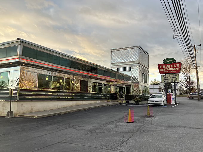 The chrome-clad exterior of Exeter Family Restaurant gleams in the evening light, a shining beacon of comfort food that's been calling hungry Pennsylvanians home for generations.