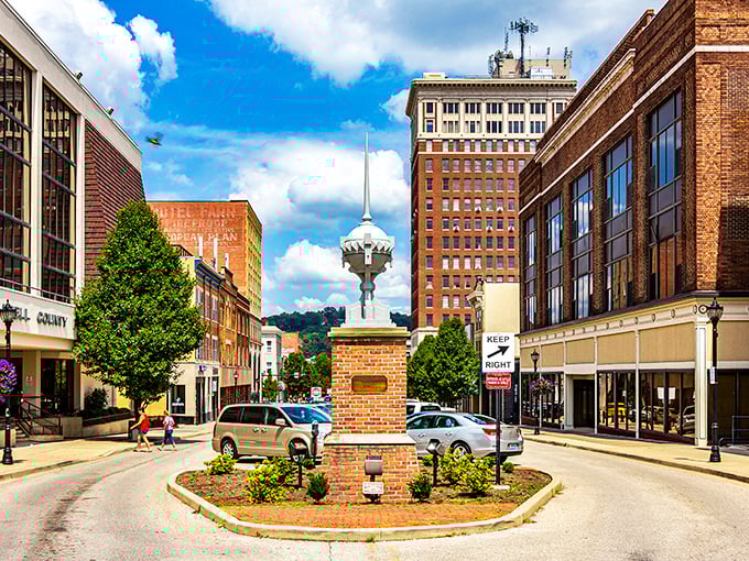 Downtown Huntington's skyline stands proudly like a miniature metropolis that forgot to stop growing. Historic brick buildings frame a scene that's equal parts charm and ambition.