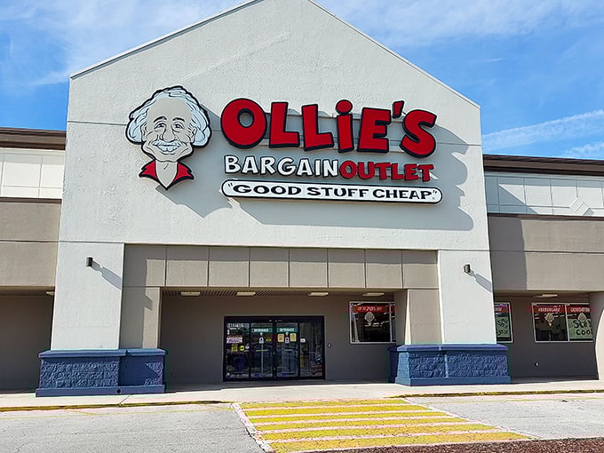 The bright red Ollie’s sign beckons bargain hunters with the promise of good stuff cheap—and maybe a little thrill of the unexpected.
