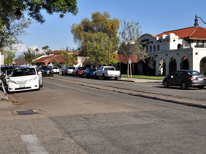 Spanish-style architecture and palm trees line this Visalia street, where California dreams come with Central Valley price tags.