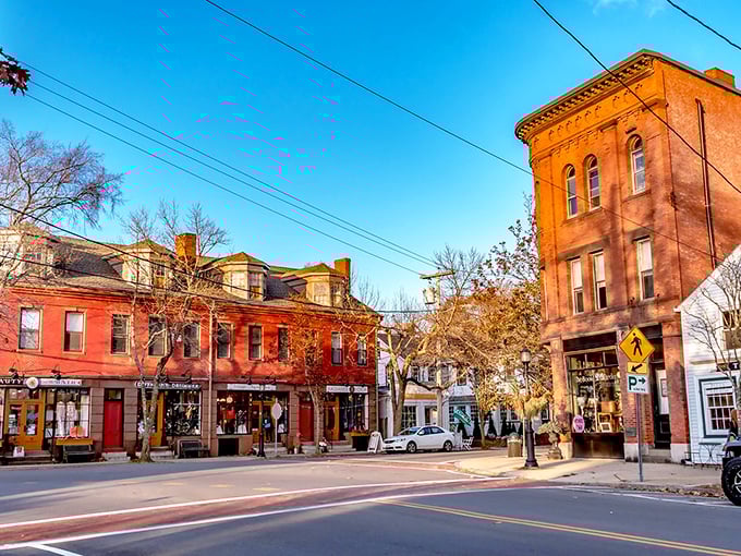 Downtown Canterbury glows in autumn light, where historic brick buildings stand as monuments to small-town affordability. Norman Rockwell would've added this to his greatest hits collection.
