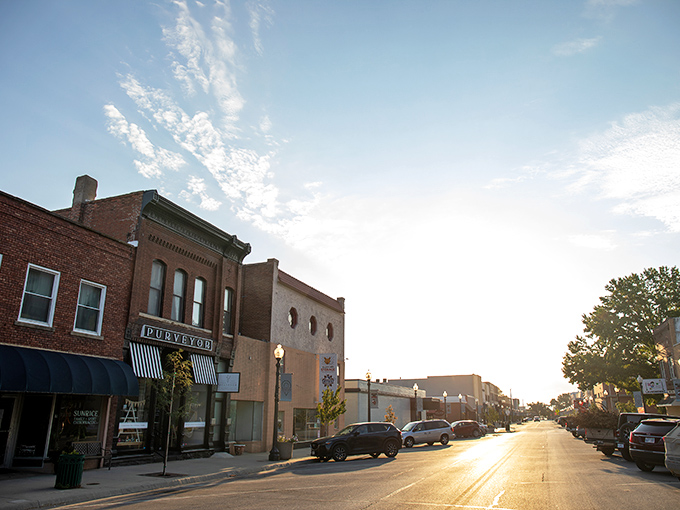 Sunset bathes Atchison's main street in amber light, creating that magical small-town moment when time seems to slow and worries fade away.