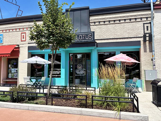 That turquoise facade isn't just eye-catching—it's a beacon calling you toward some seriously spectacular noodles inside.
