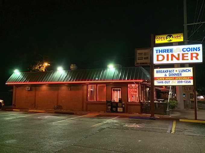 The neon glow of Three Coins Diner at night isn't just a sign—it's a beacon of hope for hungry souls seeking 24-hour breakfast salvation in Tampa.