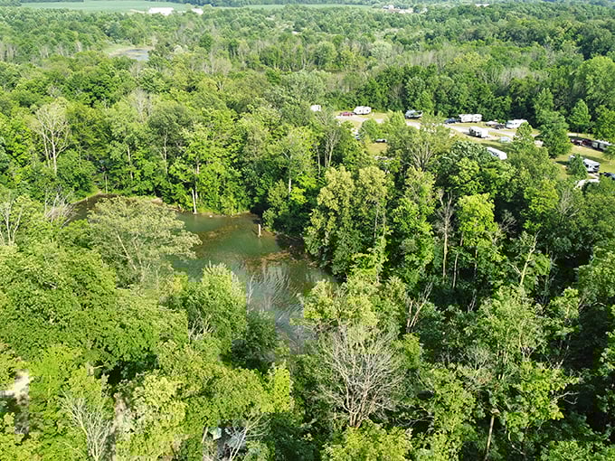 A bird's-eye view reveals Summit Lake's true character – a blue oasis cradled by an emerald forest, where civilization politely keeps its distance.