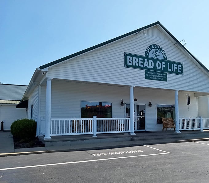 The welcoming white facade of Bread of Life Café stands like a beacon of comfort food in Liberty, Kentucky. Those rocking chairs aren't just for show!
