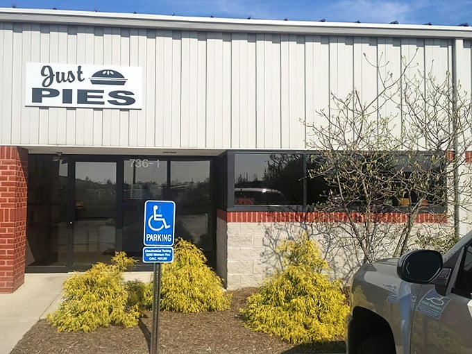 The unassuming exterior of Just Pies in Westerville hides a treasure trove of flaky, buttery delights. Sometimes the best things come in plain packages.