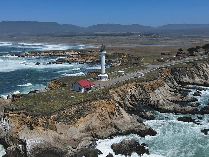 Standing sentinel on California's rugged Mendocino coast, Point Arena Lighthouse commands the headland like a maritime guardian from another era.