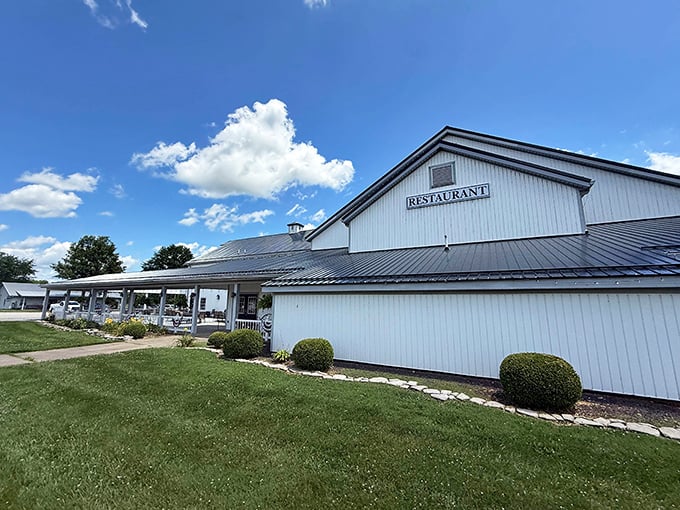 That white barn-style building isn't storing hay – it's housing some of Indiana's most memorable fried chicken and country cooking.