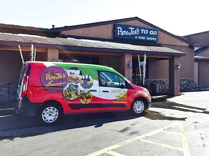 Papa Joe's welcoming exterior might not scream "culinary destination," but the real magic is inside—and with their own delivery car proudly sporting the restaurant's logo, you can take a taste home too.