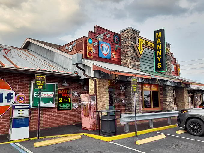 The unmistakable facade of Manny's Original Chophouse stands as a beacon to hungry travelers, promising carnivorous delights behind those rustic walls.