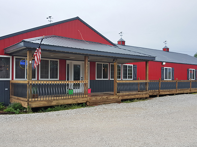 That red barn exterior isn't fooling anyone – inside awaits some of Missouri's finest beef and hospitality.