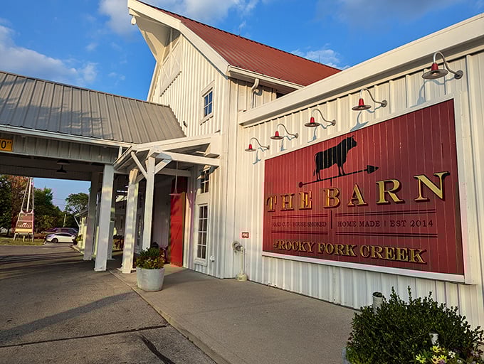 The Barn at Rocky Fork Creek welcomes you with rustic charm and a promise of carnivorous delights to come.