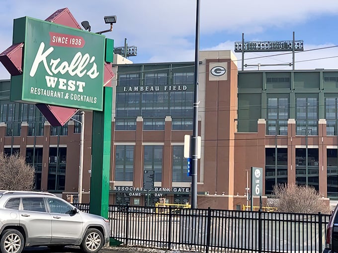 The exterior promises good times ahead - Lambeau Field looming behind like a protective culinary guardian.