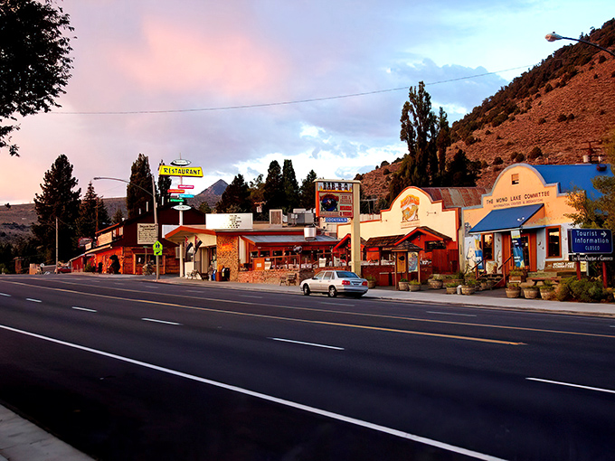 Main Street Lee Vining at sunset – where the entire downtown fits in one photograph but somehow contains enough charm for a city ten times its size.