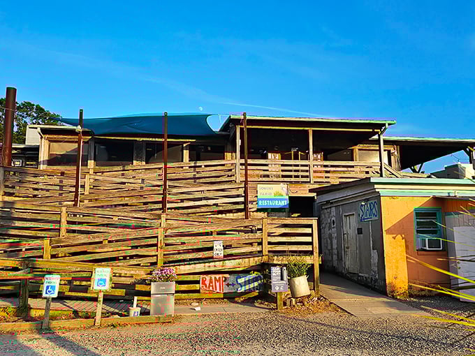 The approach to seafood nirvana looks like it was assembled by driftwood-collecting mermaids with architectural ambitions. Pure Lowcountry magic.