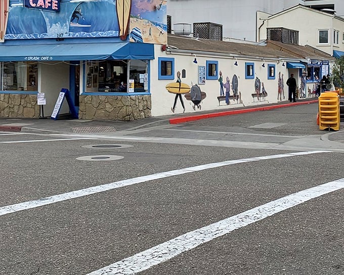 The whimsical exterior of Splash Café looks like a beach postcard come to life, complete with playful murals that set the perfect tone for the seafood adventure within.