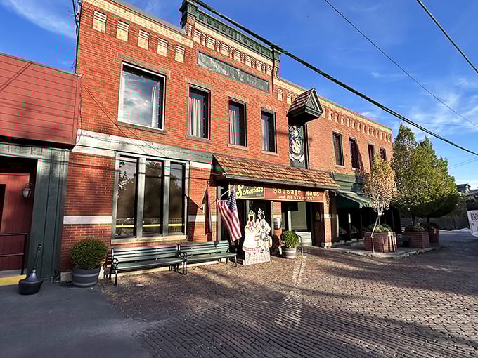 The charming storefront beckons with old-world appeal, complete with a festive cutout of traditional German figures that practically shouts "Willkommen!" to hungry passersby.