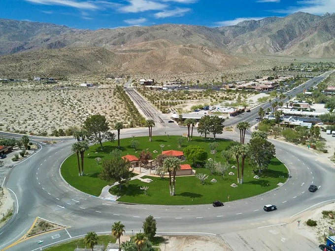 The view from above reveals Borrego's brilliant urban planning – a verdant oasis circle surrounded by desert, like nature's own social distancing experiment.