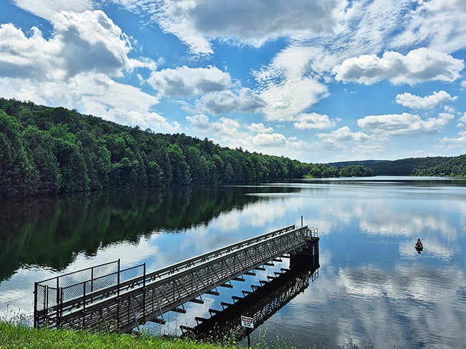 Mirror, mirror on the lake – Holman Lake's glass-like surface perfectly captures Pennsylvania's summer sky in a breathtaking natural selfie.