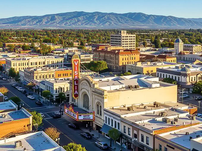 The iconic Visalia Fox Theatre marquee stands as a beacon of entertainment against the backdrop of Sierra Nevada mountains – small-town charm with a cinematic flair.